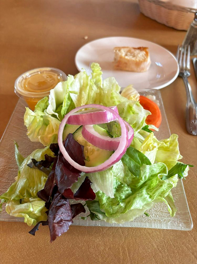 Even the salad deserves attention—crisp greens, vibrant red onions, and cool cucumbers offer a refreshing interlude between heartier courses.
