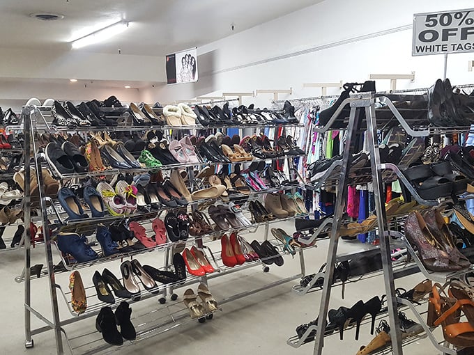 The shoe section – a footwear library where stilettos, sneakers, and sandals wait patiently for their next adventure.