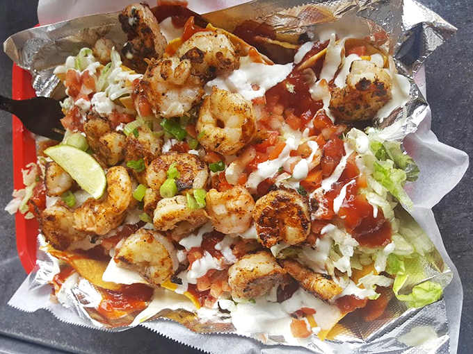 Shrimp nachos that make you wonder why every nacho doesn't come with a seafood upgrade option.