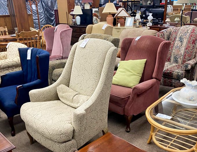 The throne room of thrift – where wingbacks and armchairs with good bones and better stories await their next chapter in your living room.