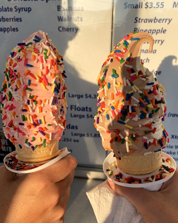 Rainbow sprinkles on pastel soft serve—proof that sometimes the most joy comes from the simplest pleasures. Childhood in a cone.