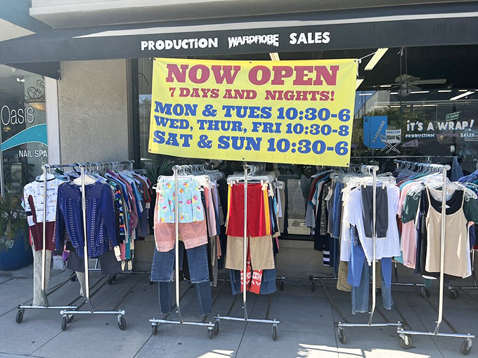 The cheerful yellow banner announces generous hours—because hunting for screen-worn treasures shouldn't be rushed or restricted to banker's hours.