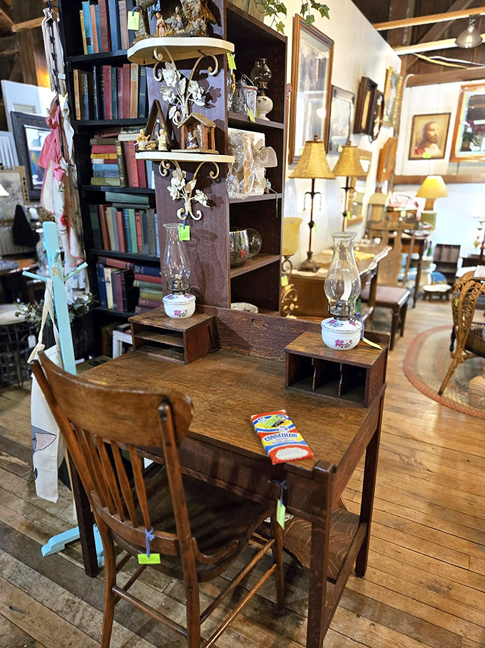 A desk that's witnessed letter-writing, homework, and perhaps a novel or two—complete with oil lamps that illuminated thoughts before electricity.