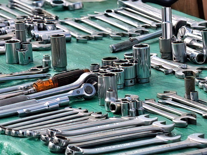 Tool paradise for the mechanically inclined. This gleaming array of wrenches and sockets could fix anything from a vintage Chevy to a space shuttle.