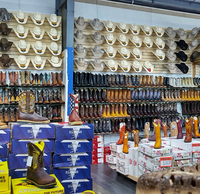 Boot barn bonanza! From working ranchers to weekend cowboys, this wall of western footwear has enough options to make John Wayne tip his hat in approval.