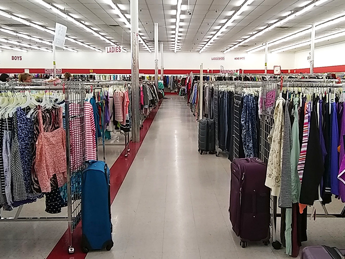 Fashion democracy in action—racks upon racks of possibilities. The women's section offers everything from casual to cocktail attire.