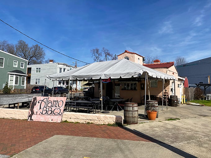 Alamo BBQ's tent and picnic tables create the backyard barbecue you wish you could host.