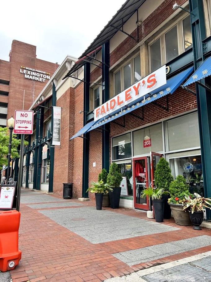 Faidley's storefront in historic Lexington Market – where Baltimore's best crab cake has held court for generations.