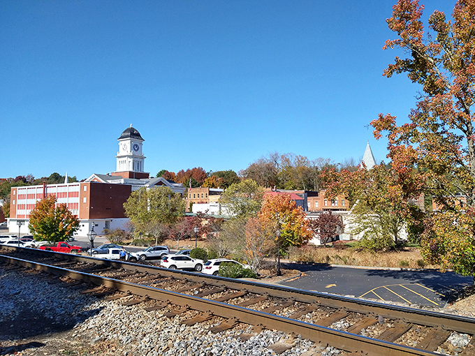 Colorful trees, railroad tracks, and a charming clock tower—Jonesborough shows off its small-town beauty on a crisp, clear autumn day.
