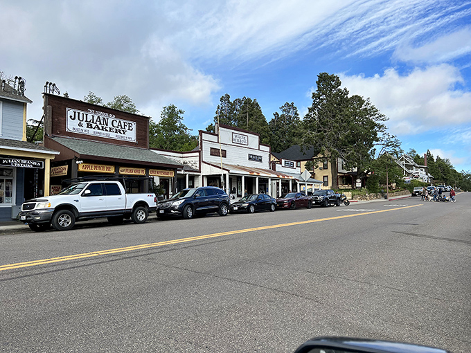 Julian's main street—where the Wild West meets apple pie country. Those storefronts have stories older than your grandpa's jokes.