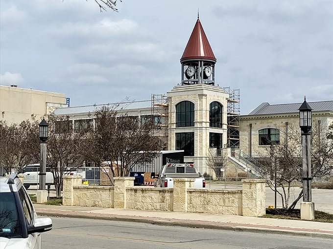 Downtown charm on display — Kerrville’s iconic clock tower stands tall, a symbol of this Hill Country town’s timeless appeal and budget-friendly living.