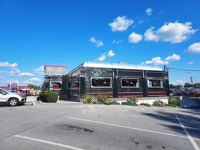 The Manheim Diner's vintage stainless steel shell houses something increasingly rare—a place where breakfast is still the most important meal of the day, every day.