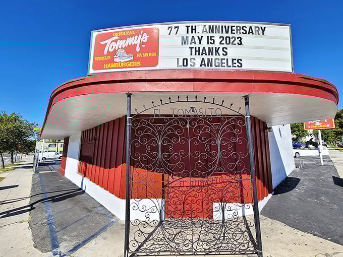 Tommy's iconic sign celebrates over 75 years of chili-topped burger bliss – a Los Angeles landmark that's fed generations of hungry Angelenos.