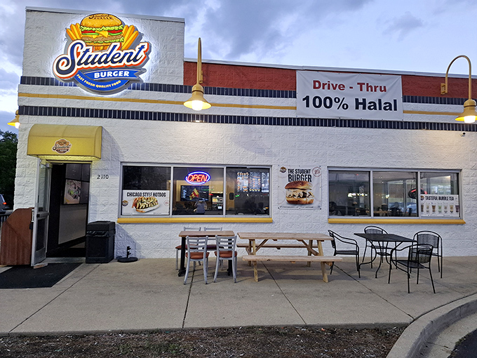 Student Burger's bright white building stands out like an A+ paper in a stack of mediocre homework.