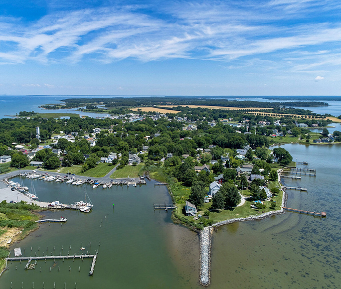 From above, Tilghman Island reveals its perfect balance of land and water, a place where nature still calls the shots.