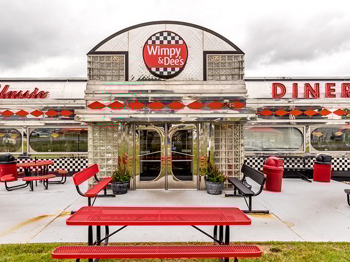 Wimpy & Dee's checkerboard sign promises a classic diner experience – no DeLorean time machine required.