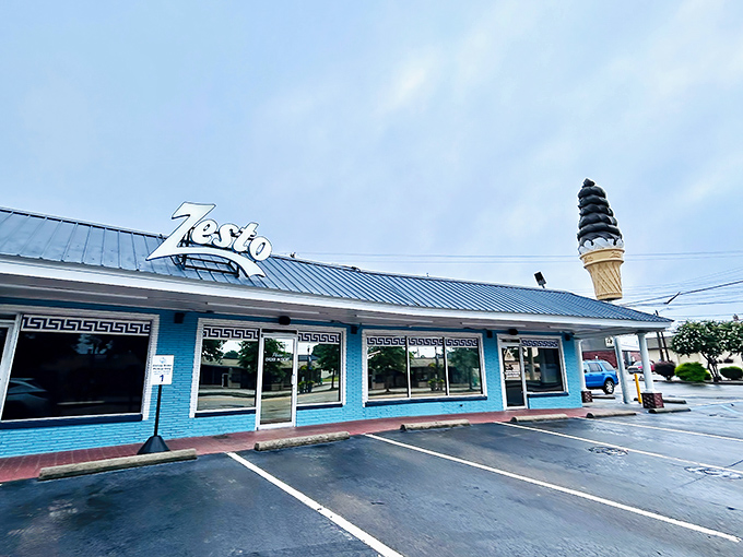 Zesto: That giant ice cream cone atop a bright blue building—the universal signal for "deliciousness happens here."