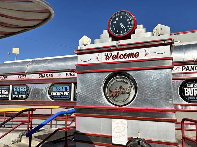 Pies, floats, and breakfast all day – this vintage diner's neon-trimmed entrance promises a delicious trip down memory lane.