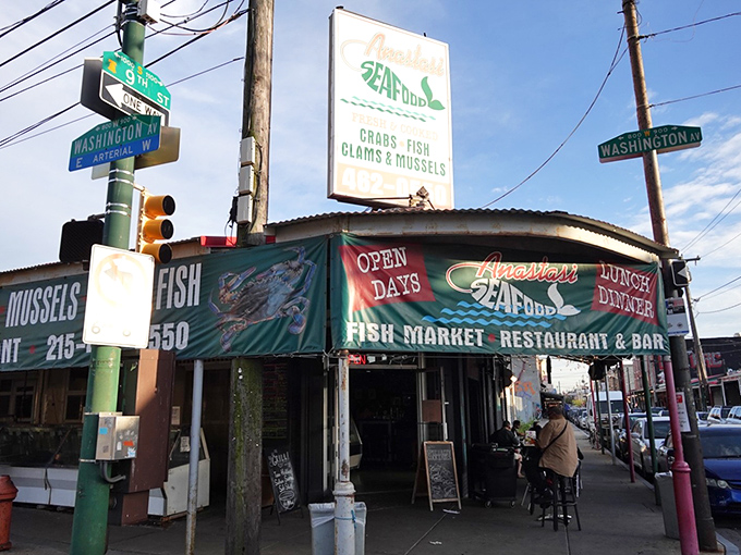 Anastasi Seafood (street view): "That corner spot with the colorful banners isn't just a restaurant—it's a Philadelphia seafood institution!"