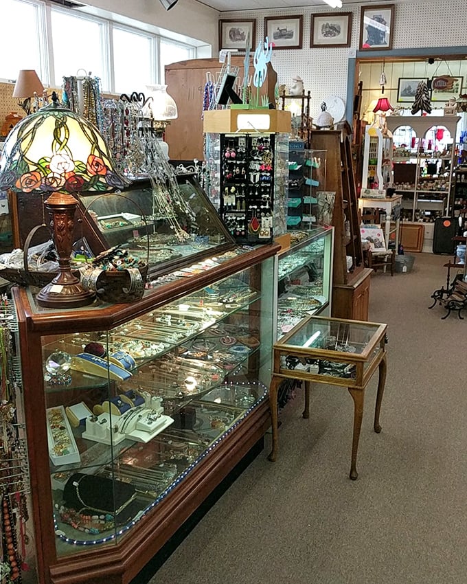 Inside Chesapeake MarketPlace, vintage lamps and jewelry gleam in display cases – like a museum where everything's for sale.