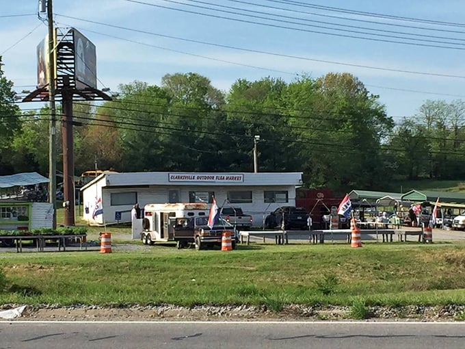 The roadside view of Clarksville Outdoor Flea Market promises adventure. Sometimes the best finds happen in the most unassuming places.