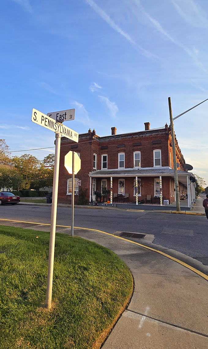 Delmar's historic brick buildings frame the intersection of Pennsylvania Avenue and East Street – literally a town on the border.