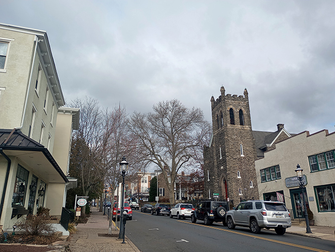 Main Street Doylestown wears its history like a perfectly tailored vintage coat.