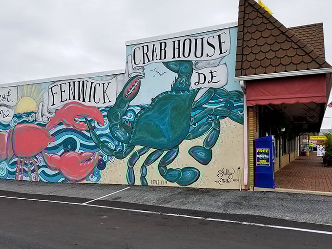The colorful crab mural at Fenwick Crab House is like a street art version of a menu – bold, eye-catching, and promising delicious things.