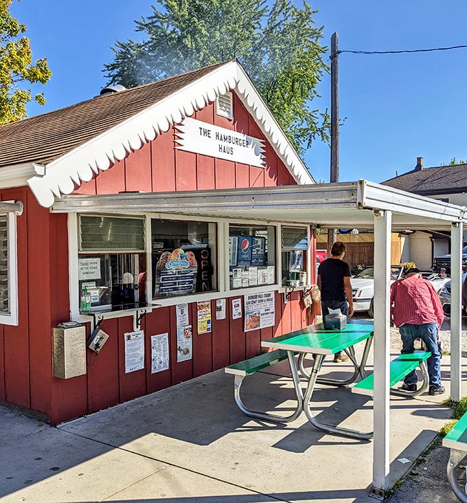 Red as a summer tomato with white trim like mayo – the Hamburger Haus wears its burger colors proudly.