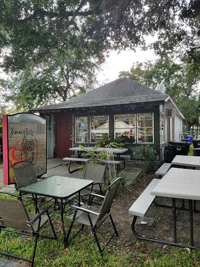 The simple outdoor seating at Jimmy Bear's BBQ offers a casual spot to enjoy seriously good barbecue. No frills, just thrills for your taste buds.