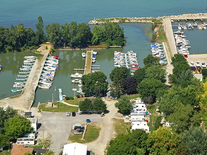 The peaceful inlet at Lakeside Marblehead—where boats rest after adventures and prepare for tomorrow's journeys.