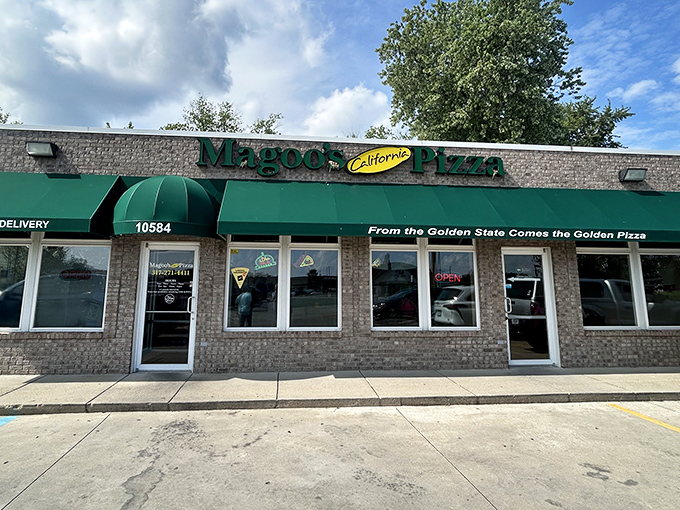 "From the Golden State Comes the Golden Pizza" isn't just a slogan – it's the delicious truth hiding behind that green awning.