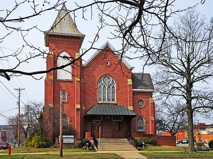 A stately church stands as Millersburg's architectural crown jewel. Those red bricks have witnessed countless Sunday gatherings through the decades.