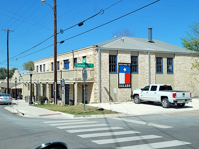 "Welcome to Salado" indeed! That stone building has probably welcomed more travelers than DFW Airport—just slower.