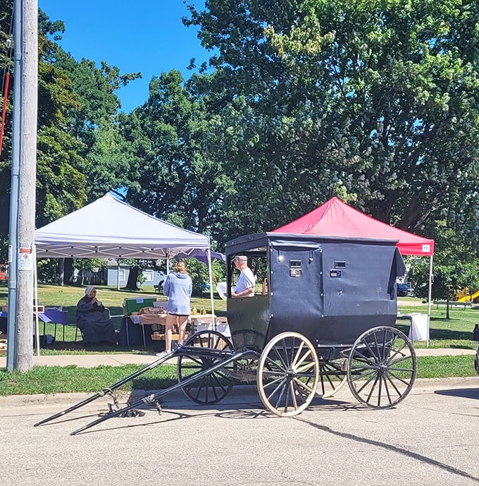 An Amish buggy parked nearby adds authentic local character to Tomah's market day – where old traditions meet modern bargain hunting.