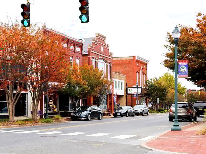 Colorful storefronts and fall foliage brighten downtown Seaford, creating a cheerful and inviting atmosphere perfect for strolling and shopping.