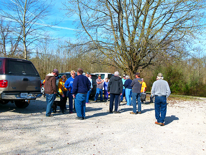 The gathering of the tribe—outdoor enthusiasts sharing trail tips and fish tales in the timeless ritual of parking lot planning.