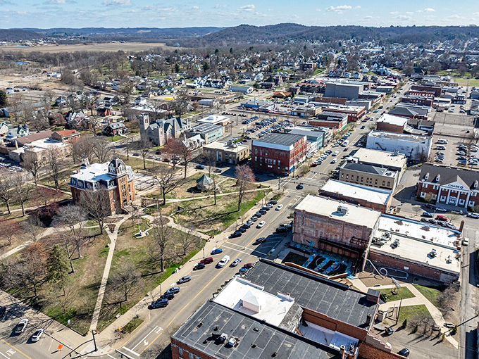 From above, Coshocton reveals its perfect balance of town and country—close enough for community, spread enough for breathing room.