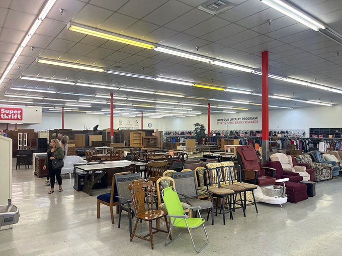 Wide aisles and bright lighting transform treasure hunting from chaotic digging to a civilized archaeological expedition.