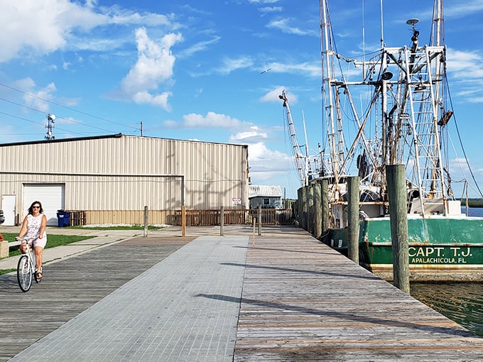 Apalachicola's working waterfront welcomes cyclists and seafood enthusiasts alike, where fishing boats deliver treasures from the Gulf daily.