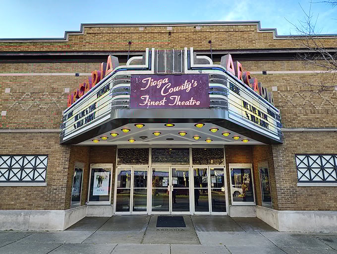 The Arcadia Theatre's marquee proudly announces itself as "Tioga County's Finest Theatre"—a claim no streaming service can dispute on charm alone.
