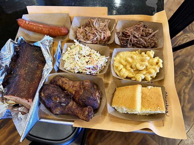 This BBQ sampler tray isn't a meal—it's a guided tour through the finest neighborhoods of Flavortown.