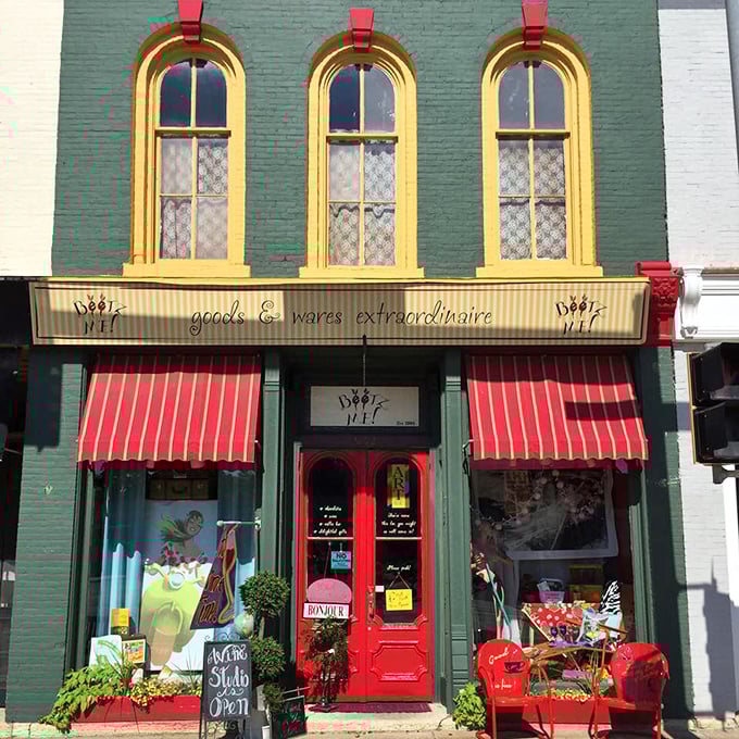 This green storefront with golden arched windows isn't selling lottery tickets—it's offering something better: the chance to find something perfectly unnecessary.