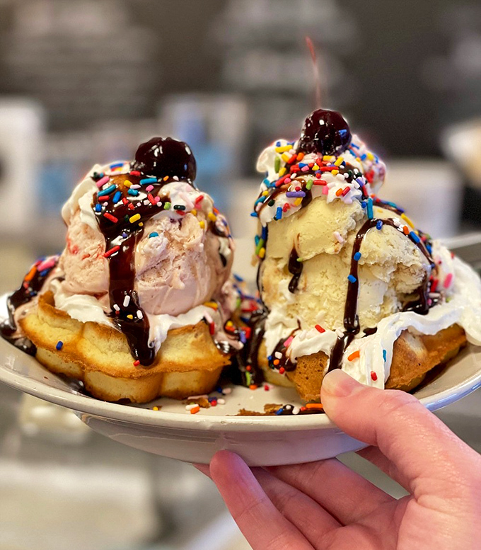 The waffle sundae—architectural marvel of the dessert world. The warm waffle foundation slowly surrendering to cold ice cream creates texture that modern science still can't explain.