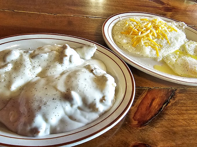 Biscuits drowning in peppered gravy - the breakfast equivalent of a warm hug from your favorite Southern grandmother.