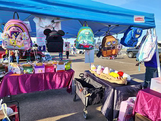 Backpacks and bags hang like ripe fruit, ready to be plucked and filled with today's incredible finds.