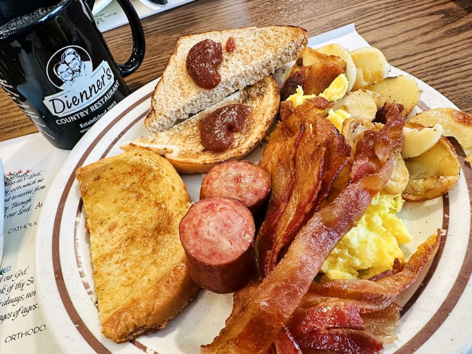 Breakfast that would make Ron Swanson weep with joy. Eggs, bacon, sausage, and home fries—the four food groups of morning happiness.
