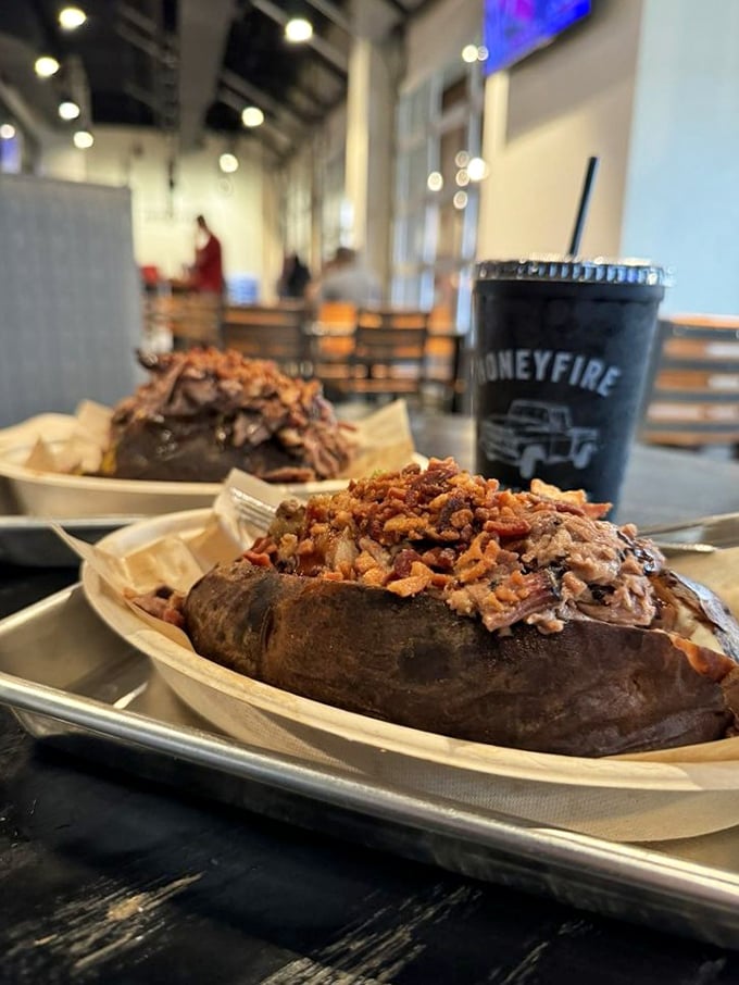 A loaded baked potato that's dressed for success – topped with enough barbecue to make you question why you ever ate potatoes any other way.
