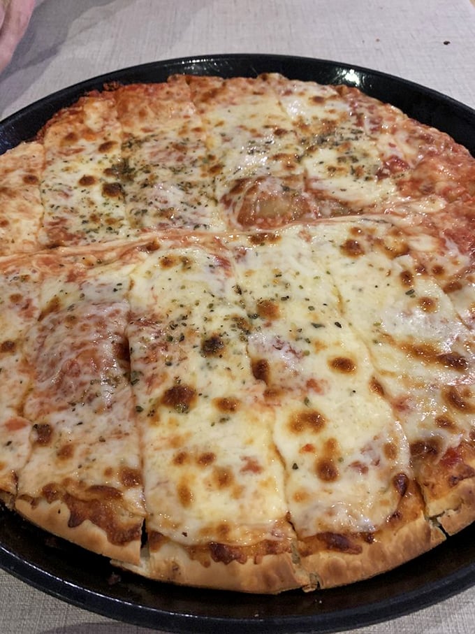 Another angle of pizza perfection—where the slightly charred cheese bubbles tell you everything you need to know about the high-temperature magic happening in that kitchen.