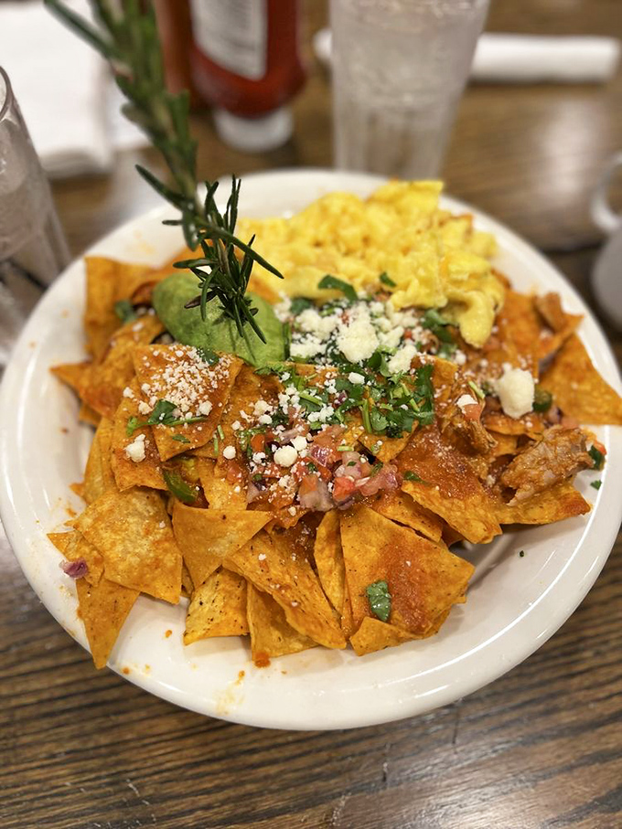 Chilaquiles that look like they've been blessed by both Mexican grandmothers and modern food stylists—comfort food with a college degree.
